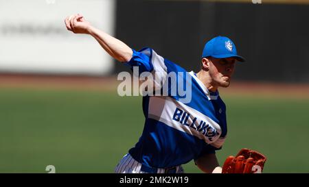 St. Louis pitcher Cody Luther catches a ball while facing Davidson ...