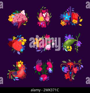 Beautiful Flowered Set of different Human Organs.Brain, Thyroid,Lungs ...