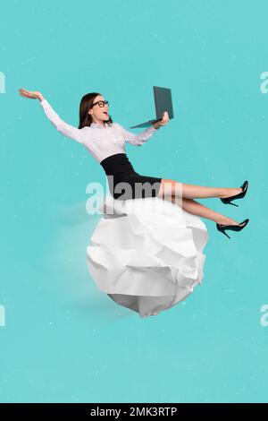 Photo of successful specialist lady sit use netbook colleagues ...