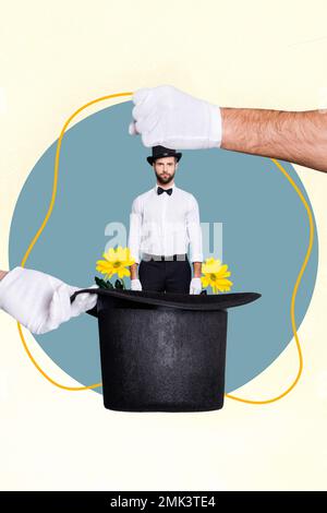 Vertical collage picture of mini classy wizard showman huge video ...