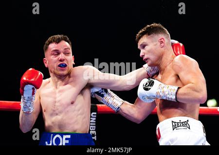 Joshua Frankham in action against Joe Hardy (left) at the OVO Arena ...