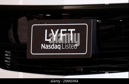 A sign for Lyft is displayed in Los Angeles, Friday, March 29, 2019. On ...