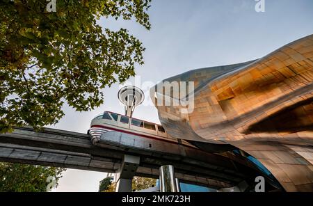 Monorail track and Space Needle, Corrugated coloured exterior facade of ...