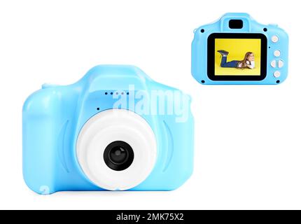 Blue toy cameras on white background in collage, one with space for ...