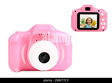 Pink toy cameras on white background in collage, one with photo of cute ...
