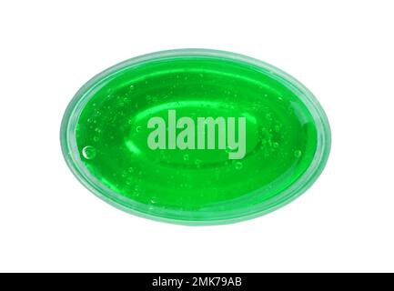 Green slime in plastic container isolated on white, top view ...