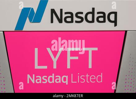 A sign for Lyft is displayed in Los Angeles, Friday, March 29, 2019. On ...