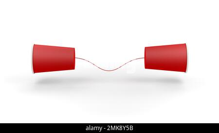 Red paper cups and non-stretchable string isolated on white background ...