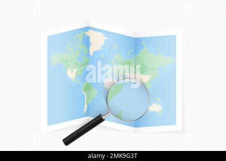 World map with magnifying on Seychelles. Blue earth globe with Seychelles flag pin. Zoom on ...