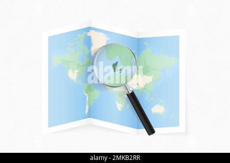 World map with magnifying on Denmark. Blue earth globe with Denmark flag pin. Zoom on Denmark ...