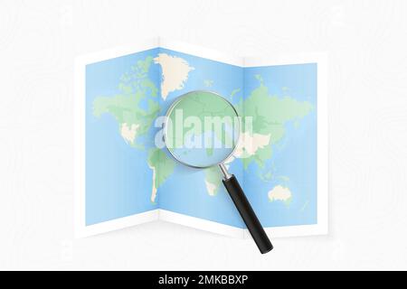 World map with magnifying on Monaco. Blue earth globe with Monaco flag pin. Zoom on Monaco map ...
