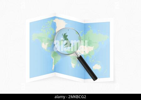 Enlarge England with a magnifying glass on a folded map of the world. Vector paper map Stock ...
