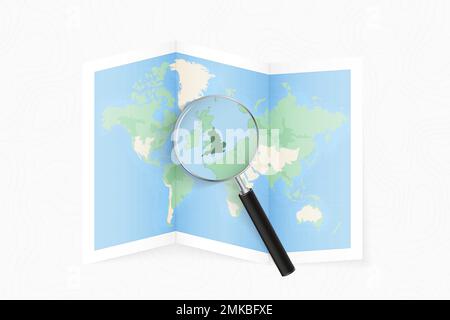 Enlarge United Kingdom with a magnifying glass on a folded map of the world. Vector paper map ...