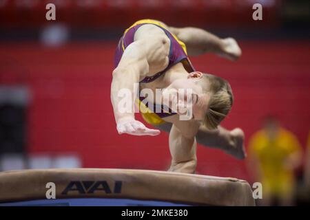 Minnesota's Shane Wiskus performing on the parallel bars during a ...