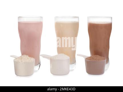 Protein shakes and different types of powder isolated on white Stock ...