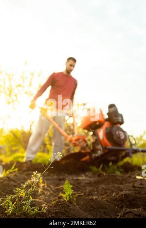 This farmer is plowing ground with tiller block using motor cultivator ...
