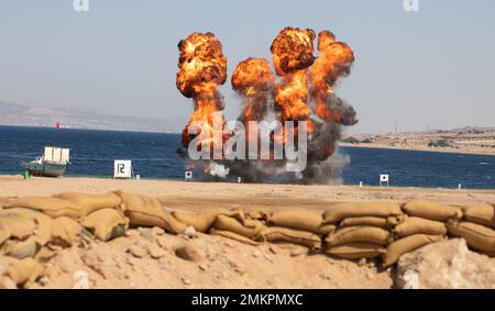 AQABA, Jordan – A simulated enemy attack boat is destroyed during the ...