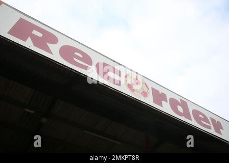 Recorder signage during Dagenham & Redbridge vs York City, Buildbase FA ...