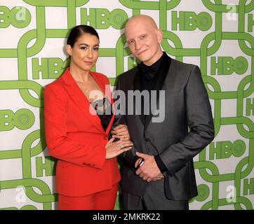 Gia Olimp, left, and Anthony Carrigan arrive at the HBO Golden Globes ...