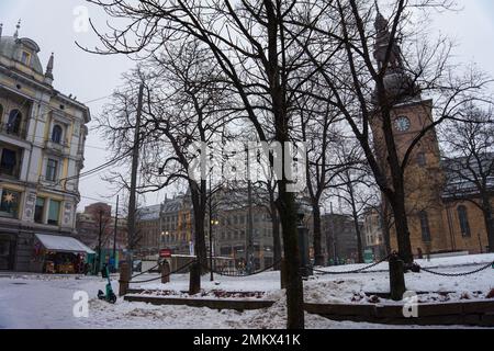 Streets of Oslo city covered with snow during winter period. Urban view ...