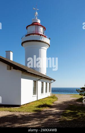 Denmark, Jutland, Djursland: The white round lighthouse Sletterhage on ...
