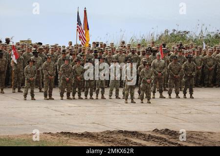 Lt. Col. Derek G. Drouin (l), commander, and Command Sgt. Maj. Jacob D ...