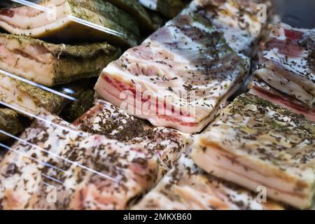salted cooked pork belly on store counter Stock Photo - Alamy
