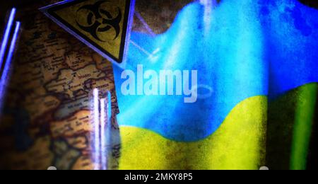 Ukrainian flag biohazard and test tubes. Assistance to Ukraine in ...