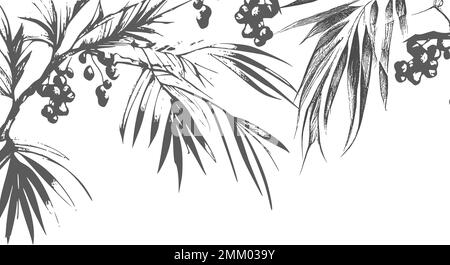 Ink drawn dates with leaves. Ripe fruits hang from the branches.Border ...