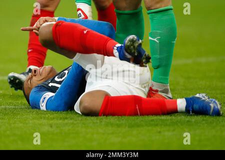 Kylian Mbappe of France jumping over Javier Mascherano of Argentina ...