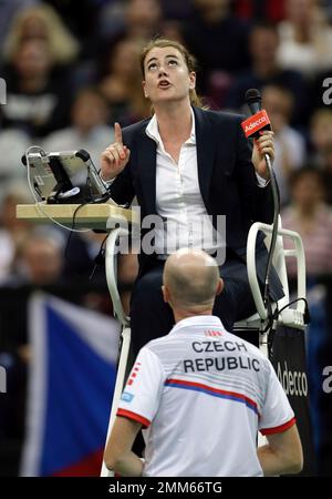 Chair umpire Louise Azemar Engzell officiates the women's singles final ...