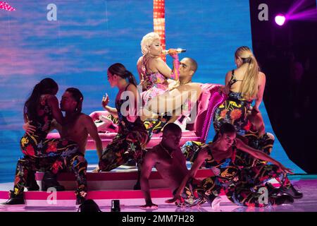 Singer Nicki Minaj performs with members of Little Mix during the ...