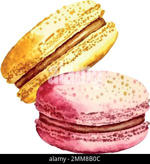 Watercolor image of blue macaroon decorated with bright pink daisy ...