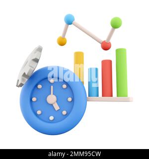 3d rendering alarm clock with gear growth bar graph icon. 3d render ...
