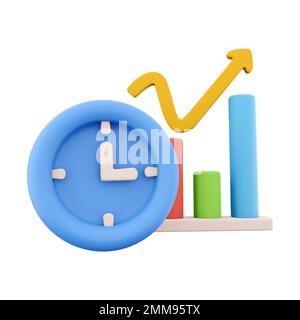 3D rendering clock and color graphs pointing up icon. 3d render chart ...