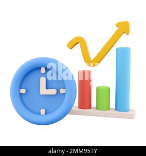 3D rendering clock and color graphs pointing up icon. 3d render chart ...