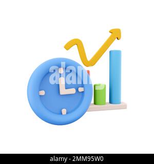 3D rendering clock and color graphs pointing up icon. 3d render chart ...