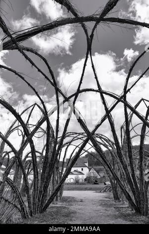 Willow Palace in the Nethe Valley, roof, view through structure made of ...
