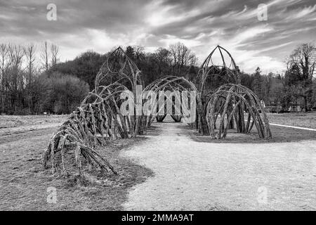 Willow Palace in the Nethe Valley, roof, view through structure made of ...