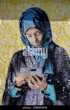 Mural of a veiled woman with a mobile phone, graffito, Al Khobar, ash ...