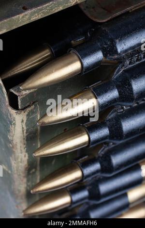 Ammo box with ammunition belt and 14.5mm cartridges for a 14.5mm KPVT ...