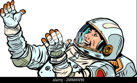 male astronaut, hands raised up. Science and space exploration. Man in ...