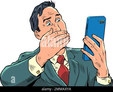 businessman with a smartphone. Man in panic, frightened surprise, bad ...