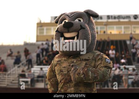 Rocky, the 3rd Infantry Division mascot, poses with a statue of himself ...