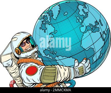 Astronaut man holds in his hands the planet earth science ecology ...