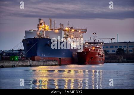 Lubmin, Germany - 01 28 2023: First LNG terminal with LNG tanker ...