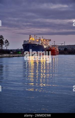 Lubmin, Germany - 01 28 2023: First LNG terminal with LNG tanker ...