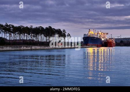 Lubmin, Germany - 01 28 2023: First LNG terminal with LNG tanker ...