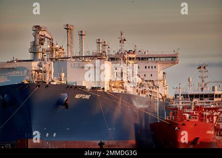 Lubmin, Germany - 01 28 2023: First LNG terminal with LNG tanker ...