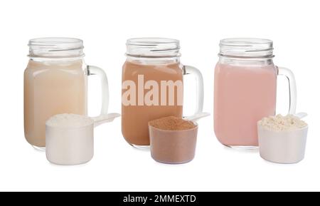 Protein shakes and different types of powder isolated on white Stock ...